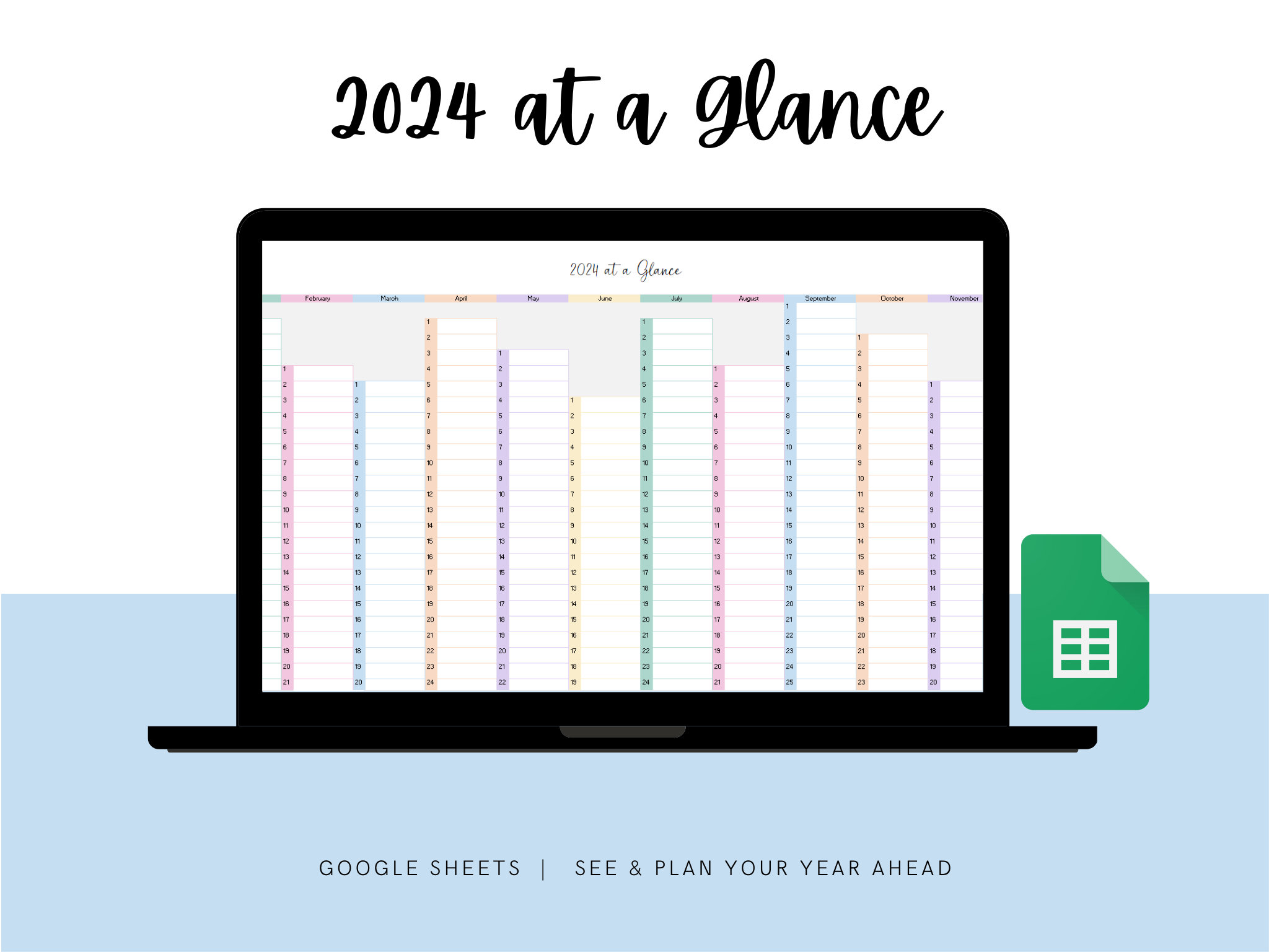 2024 at a Glance Google Sheets Yearly Calendar Template Digital Full ...