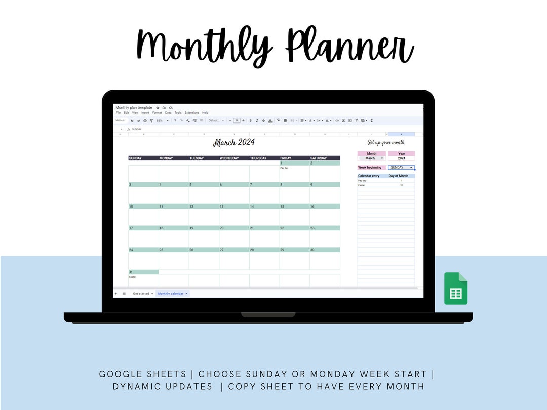 Dynamic Monthly Calendar Template | Google Sheets Monthly Planner ...
