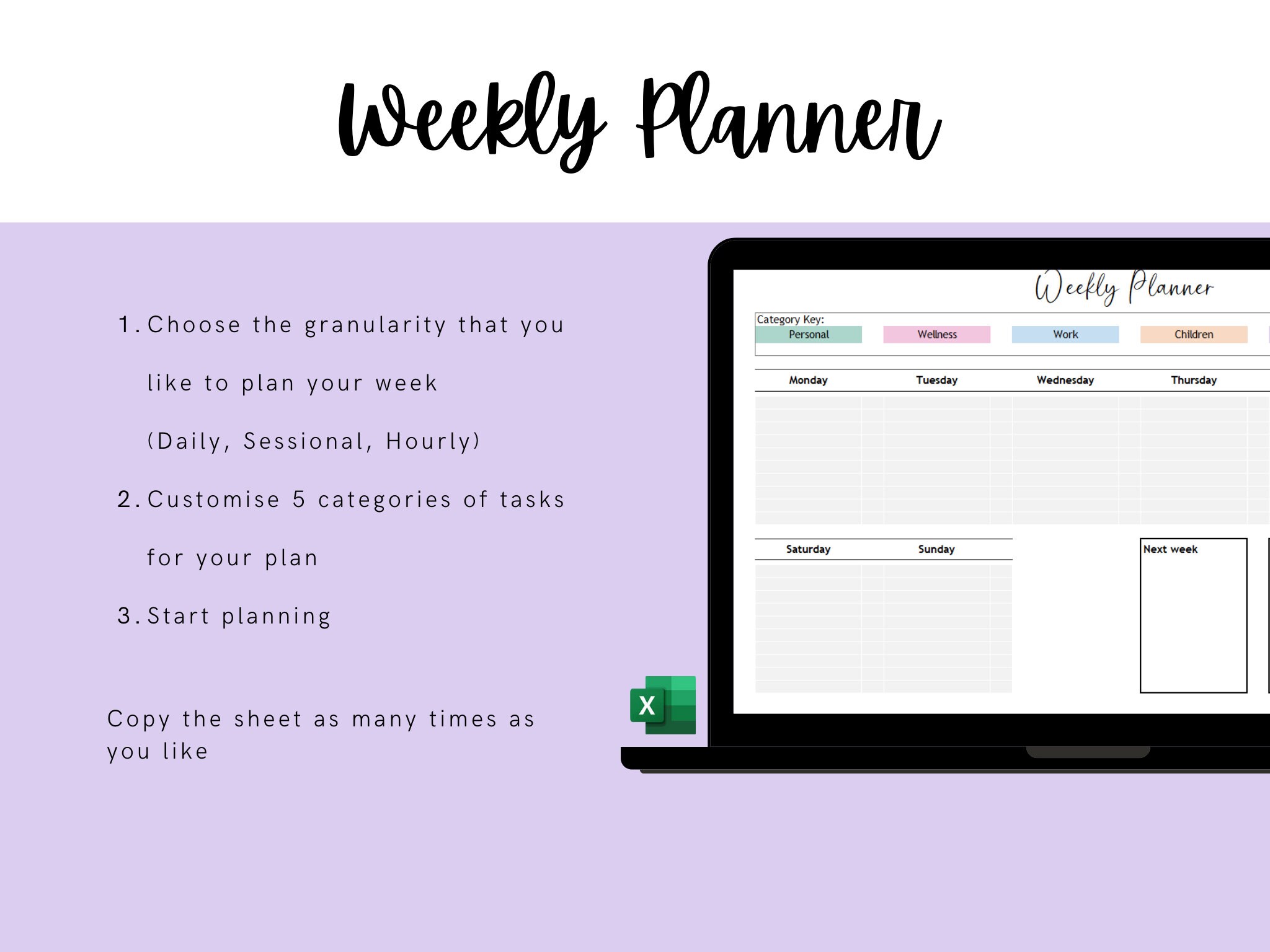 Simple Excel Weekly Planning Template Digital Weekly Planning ...
