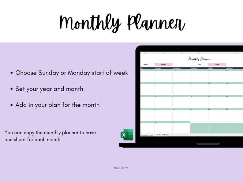 Excel Simple Monthly Calendar Template | Digital Monthly Planning ...