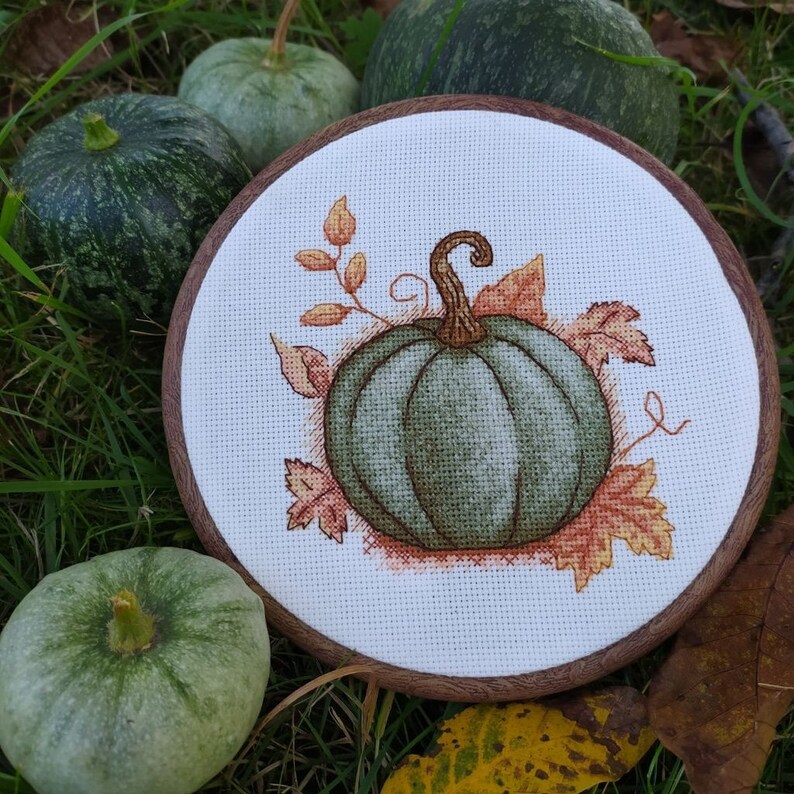 Green Pumpkin Cross Stitch Pattern Counted Xstitch Tutorial Autumn Embroidery Design Needlepoint ...