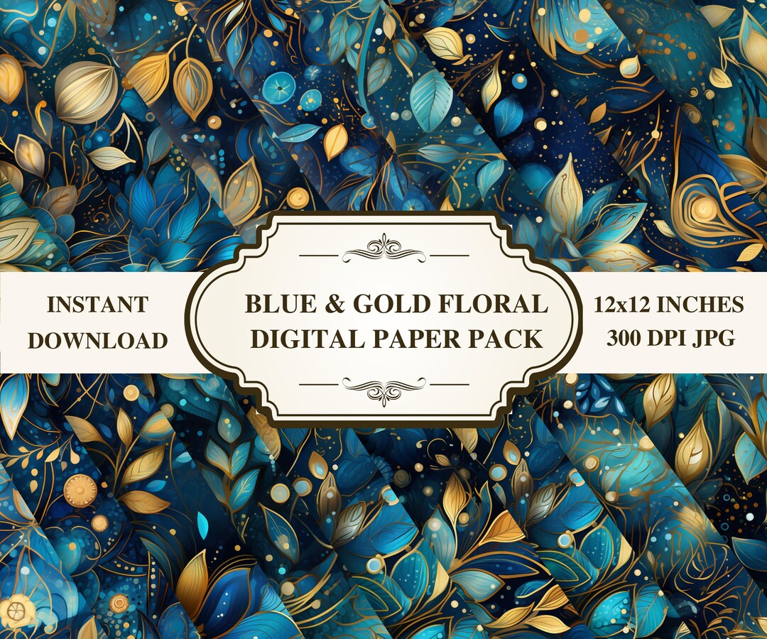Blue & Gold Floral Digital Paper: Seamless Scrapbook Patterns (digital ...