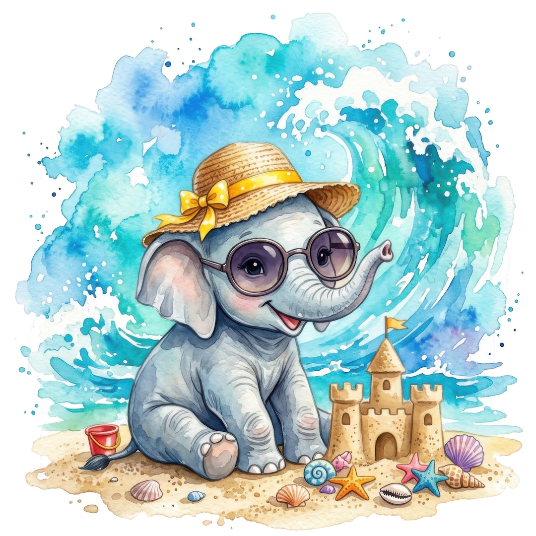15 PNG Watercolor Baby Elephant Clipart, Beach Summer Graphics ...