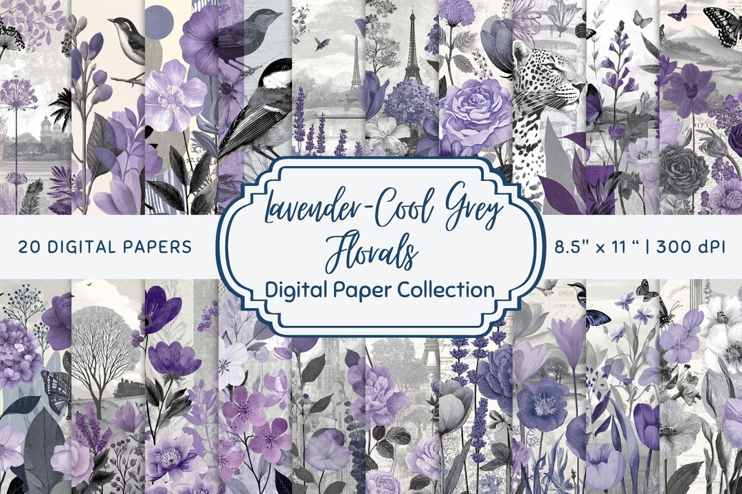 Lavender Floral Digital Paper Bundle: Grey Botanical Designs (instant ...