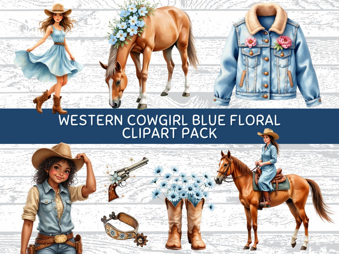 20 PNG Western Cowgirl Clipart Bundle: Blue Floral Rustic Set, (instant ...