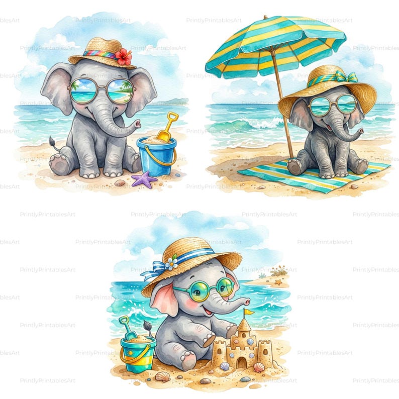 15 PNG Watercolor Baby Elephant Clipart, Beach Summer Graphics ...