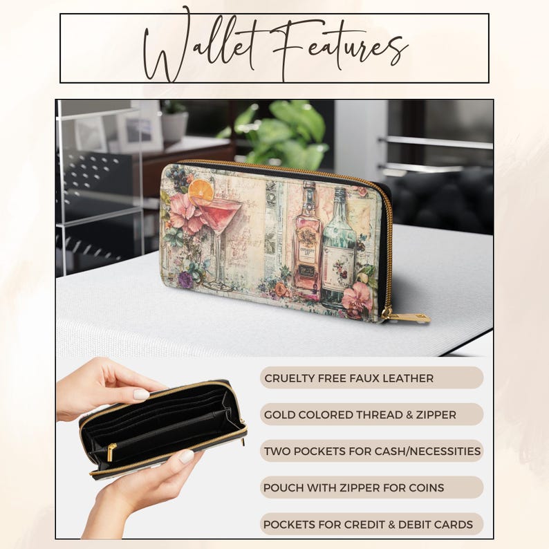 Vintage-inspired Cocktail & Floral Wallet for Women, Cute Watercolor ...