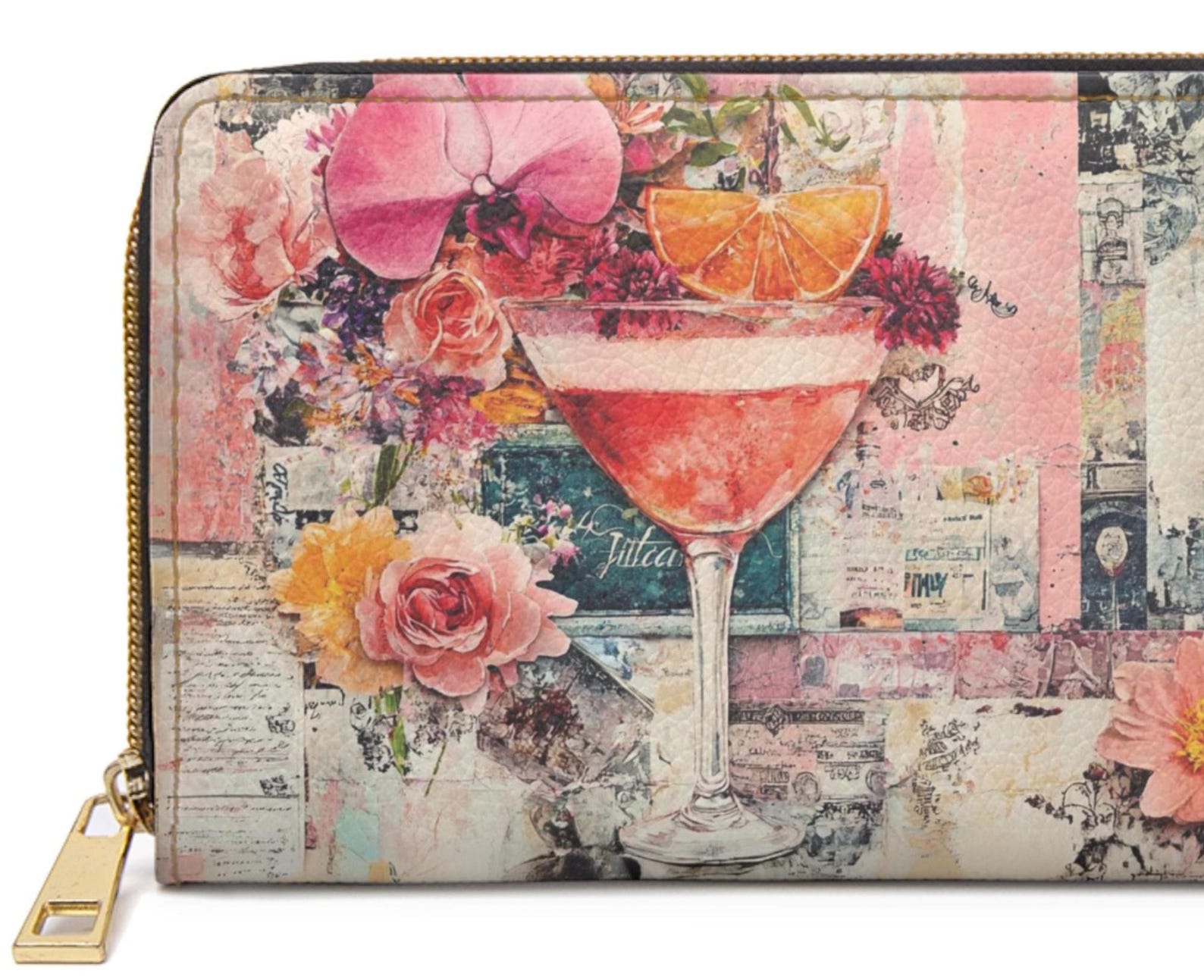 Vintage-inspired Cocktail & Floral Wallet for Women, Cute Watercolor ...