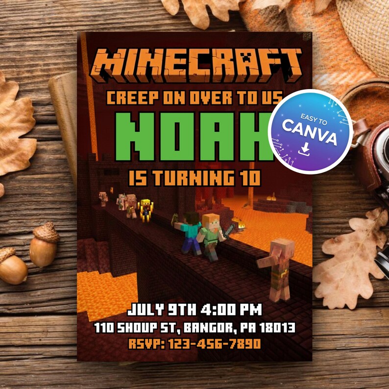 Editable Pixel Block Birthday Invitation, Minecraft Boys Party Invite ...
