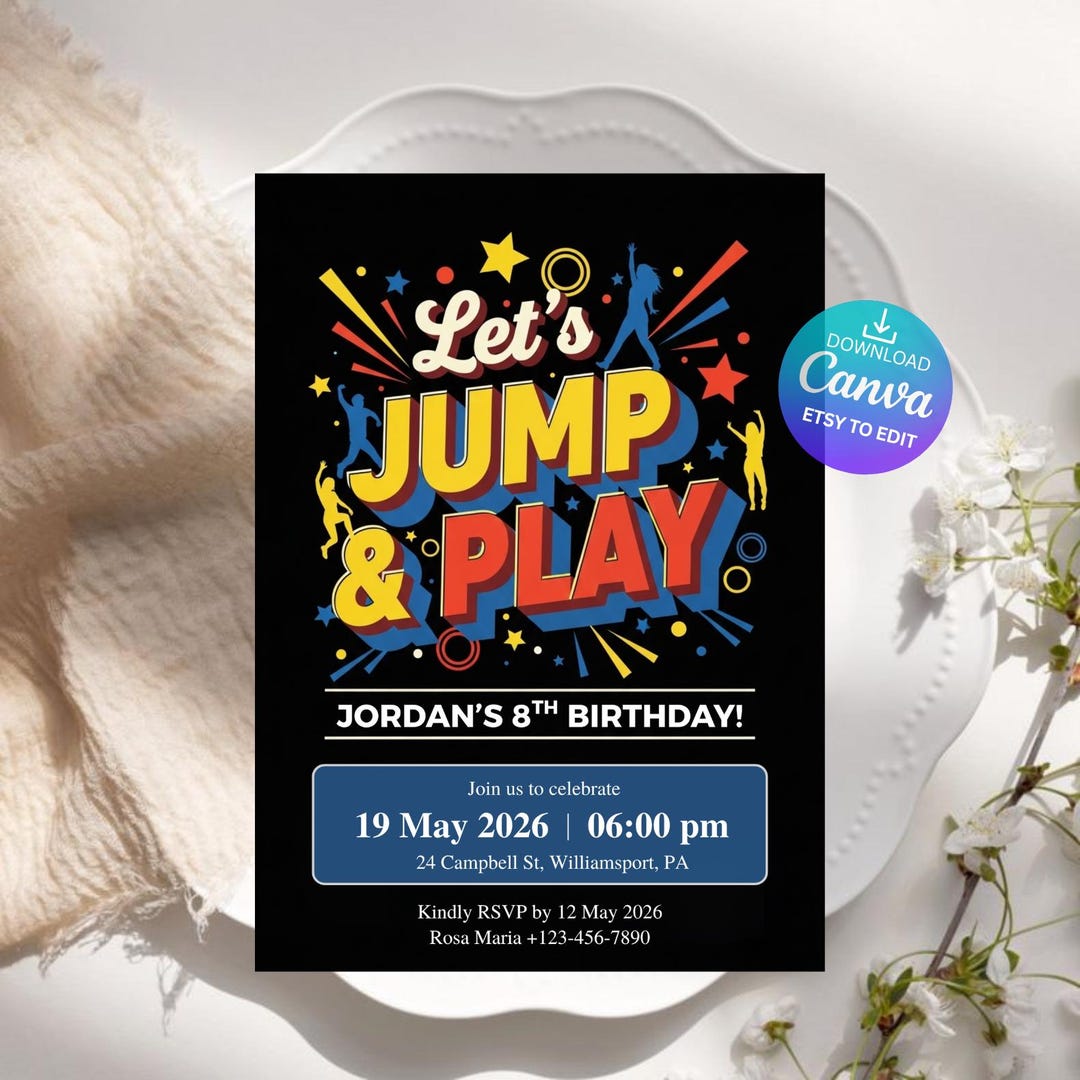 Editable Jump & Play Birthday Invitation | Trampoline Party Invite for ...
