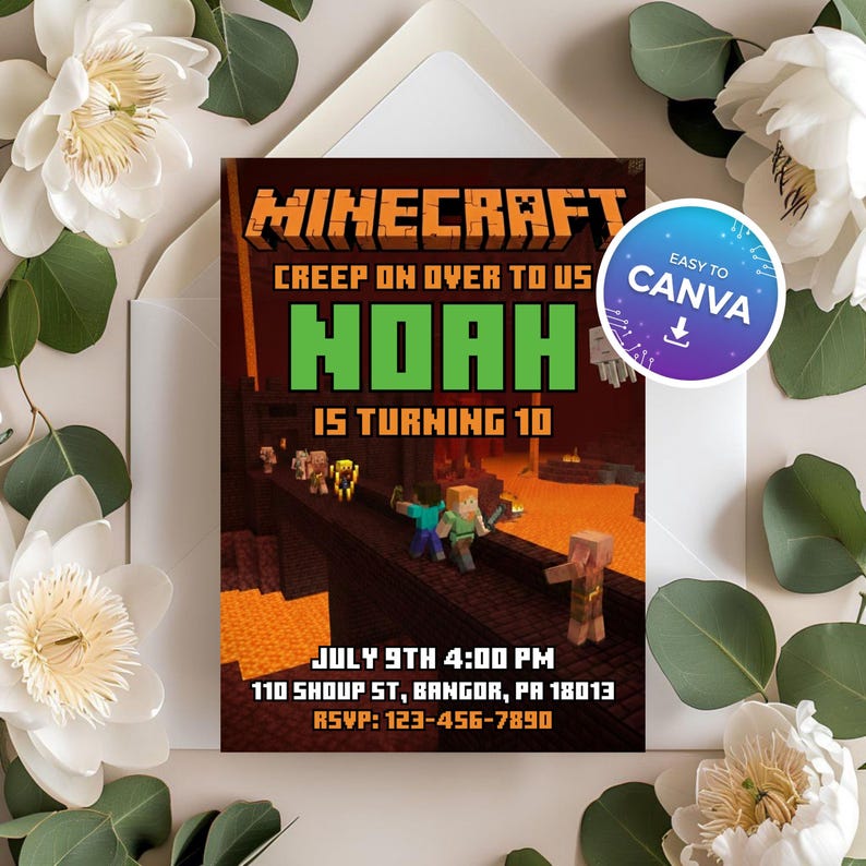 Editable Pixel Block Birthday Invitation, Minecraft Boys Party Invite ...