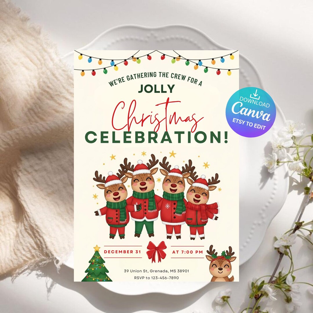 Editable Reindeer Christmas Party Invitation | Canva Template (digital ...