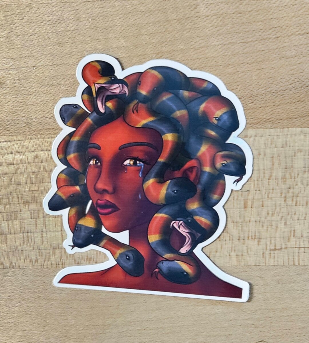 Red Crying Angry Medusa With Coral Snakes Sticker, Mythical Greek ...