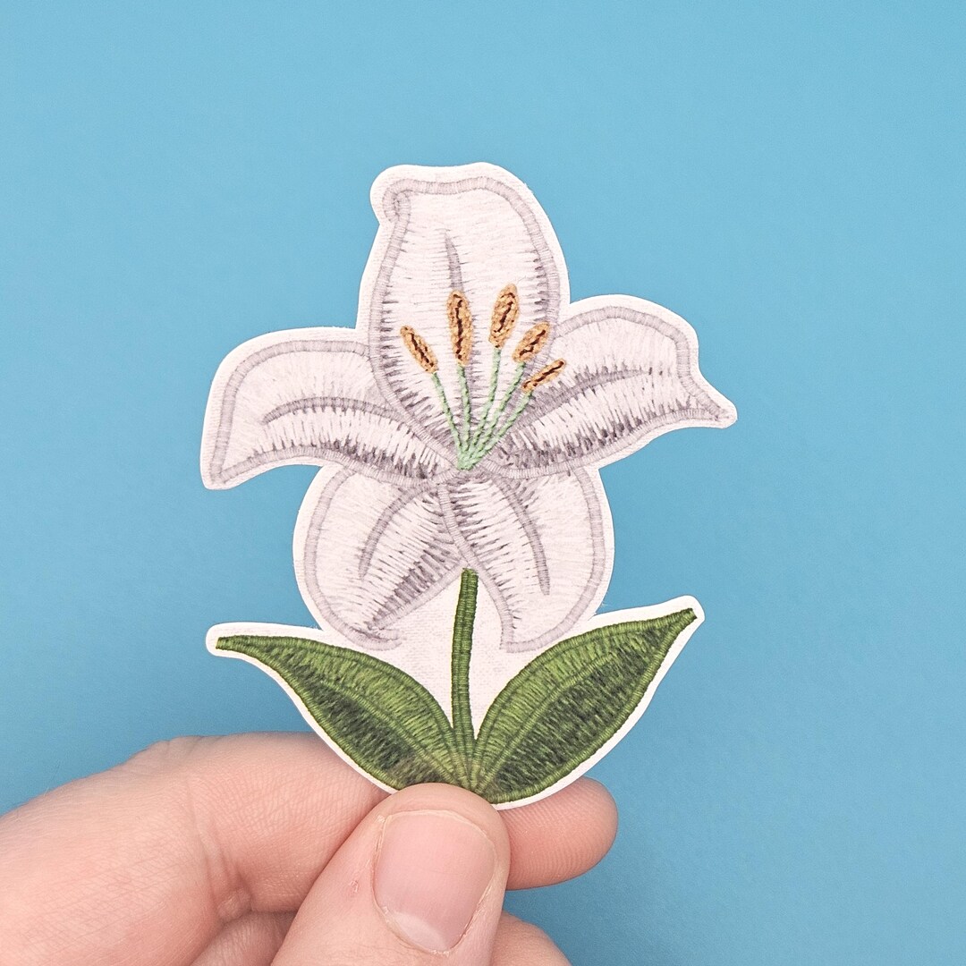 Cute White Lily Sticker, Embroidered Art Style Vinyl, Stitched Patch ...