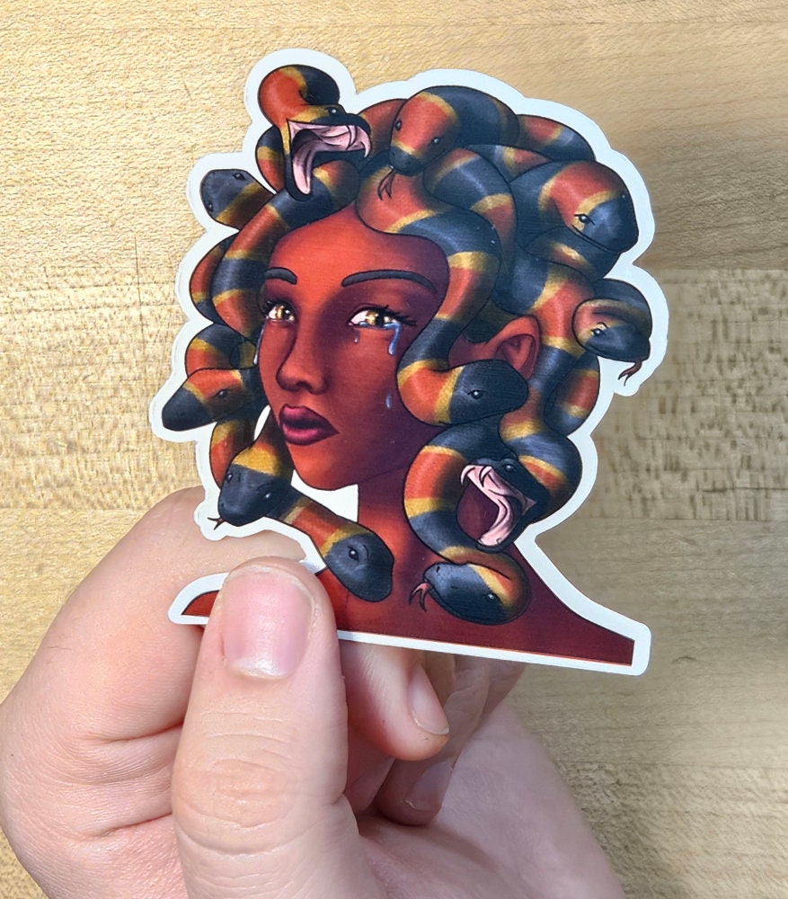 Red Crying Angry Medusa With Coral Snakes Sticker, Mythical Greek ...