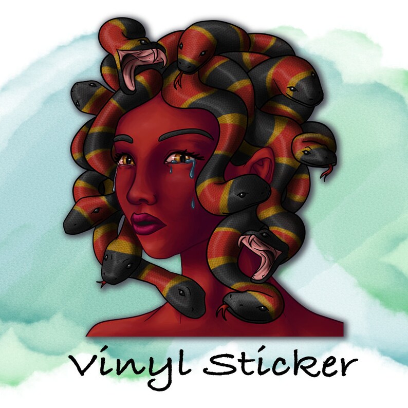 Red Crying Angry Medusa With Coral Snakes Sticker, Mythical Greek ...