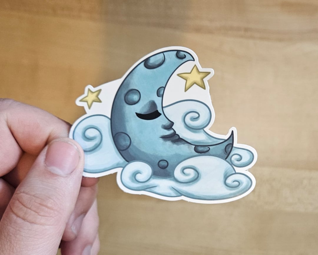 Whimsical Blue Starlit Sleepy Moon Amongst the Clouds Sticker, Cute ...