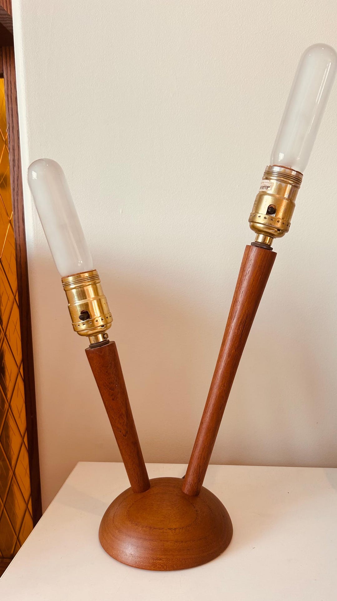 Rare Vintage, Midcentury, Dual/two-light Teak Wood Table Lamp With ...