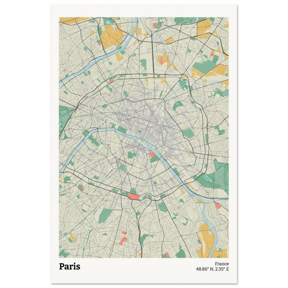 Paris Map Print, Paris Map Poster, Paris Map Wall Art, Colour Paris ...