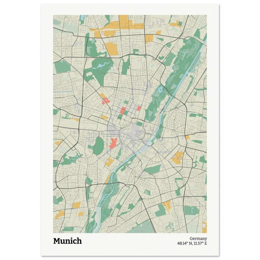 Munich Map Print, Munich Map Poster, Munich Map Wall Art, Colour Munich ...