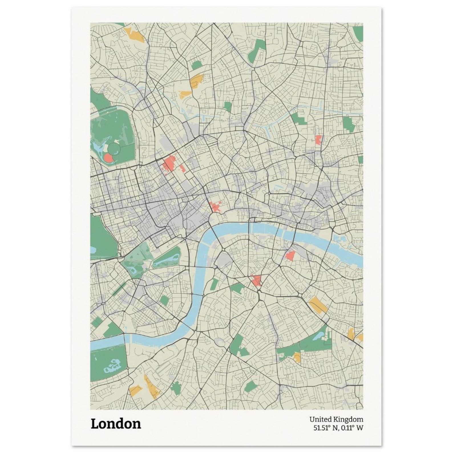 London Map Print, London Map Poster, London Map Wall Art, Colour London ...