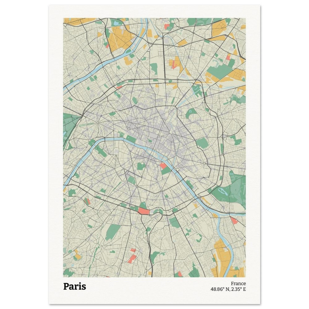 Paris Map Print, Paris Map Poster, Paris Map Wall Art, Colour Paris ...