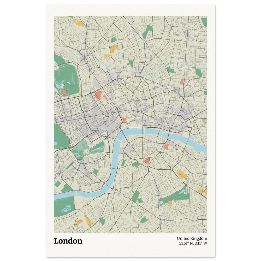 London Map Print, London Map Poster, London Map Wall Art, Colour London ...