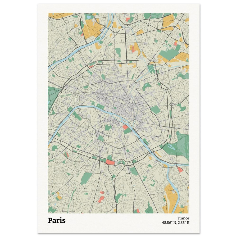 Paris Map Print, Paris Map Poster, Paris Map Wall Art, Colour Paris ...