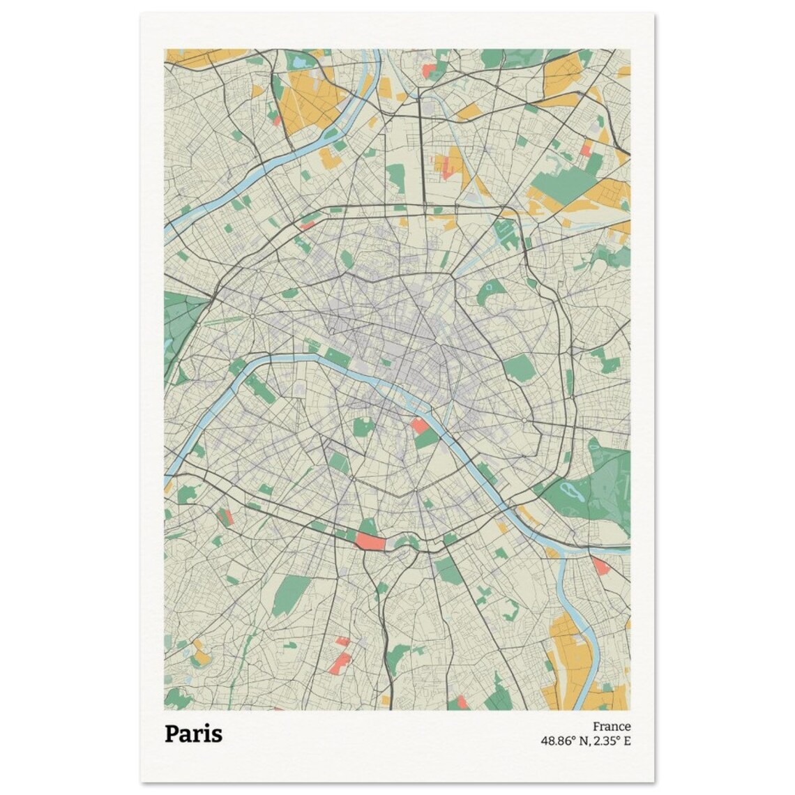 Paris Map Print, Paris Map Poster, Paris Map Wall Art, Colour Paris ...