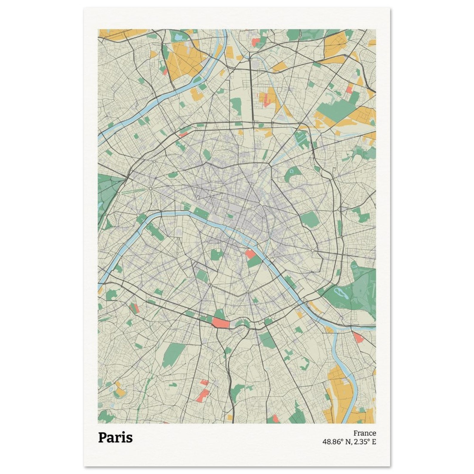 Paris Map Print, Paris Map Poster, Paris Map Wall Art, Colour Paris ...