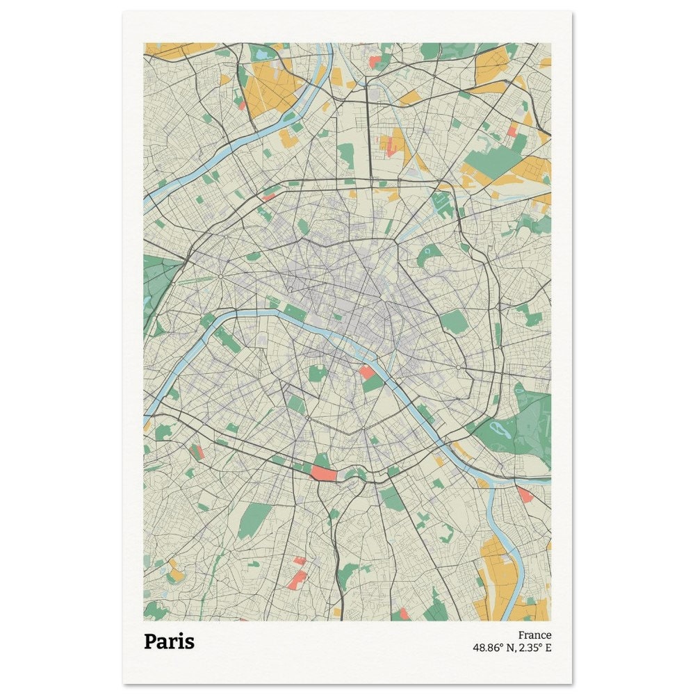 Paris Map Print, Paris Map Poster, Paris Map Wall Art, Colour Paris ...