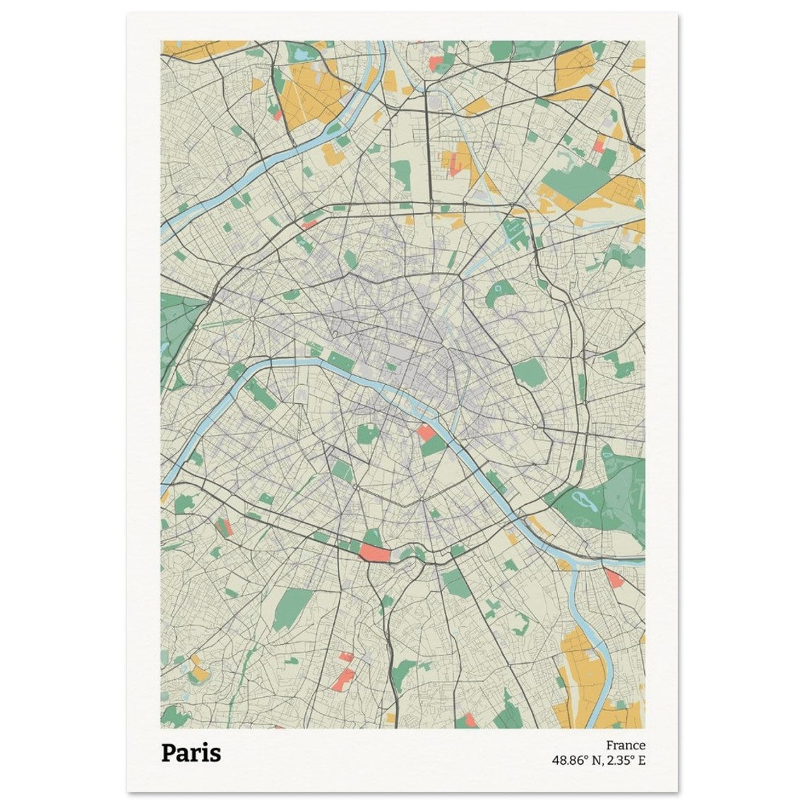 Paris Map Print, Paris Map Poster, Paris Map Wall Art, Colour Paris ...