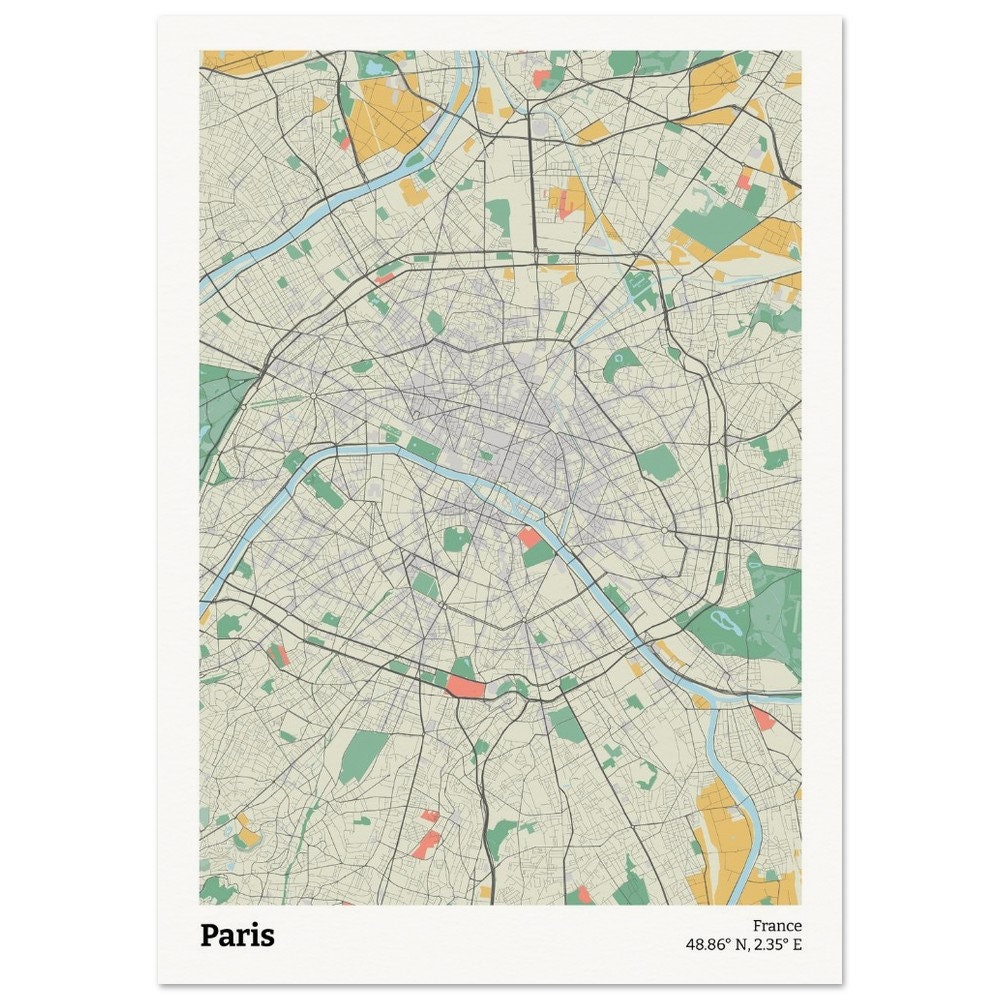 Paris Map Print, Paris Map Poster, Paris Map Wall Art, Colour Paris ...