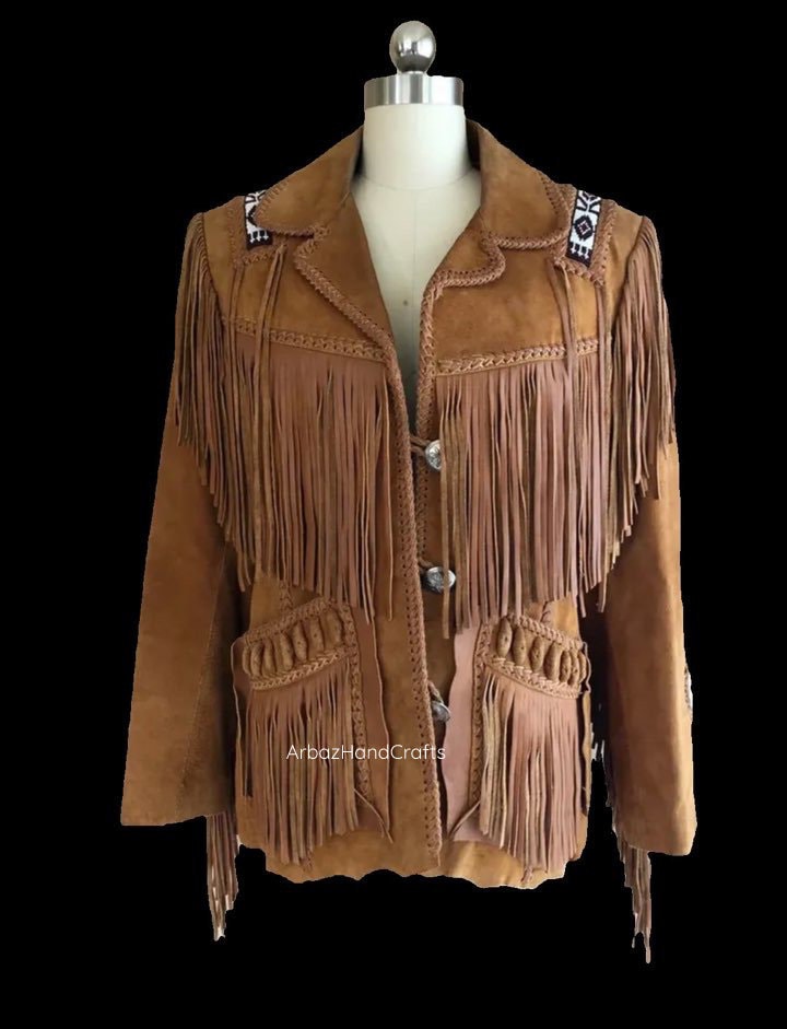 Womens Western Cowgirl Style Suede Leather Jacket With Beads Fringes ...