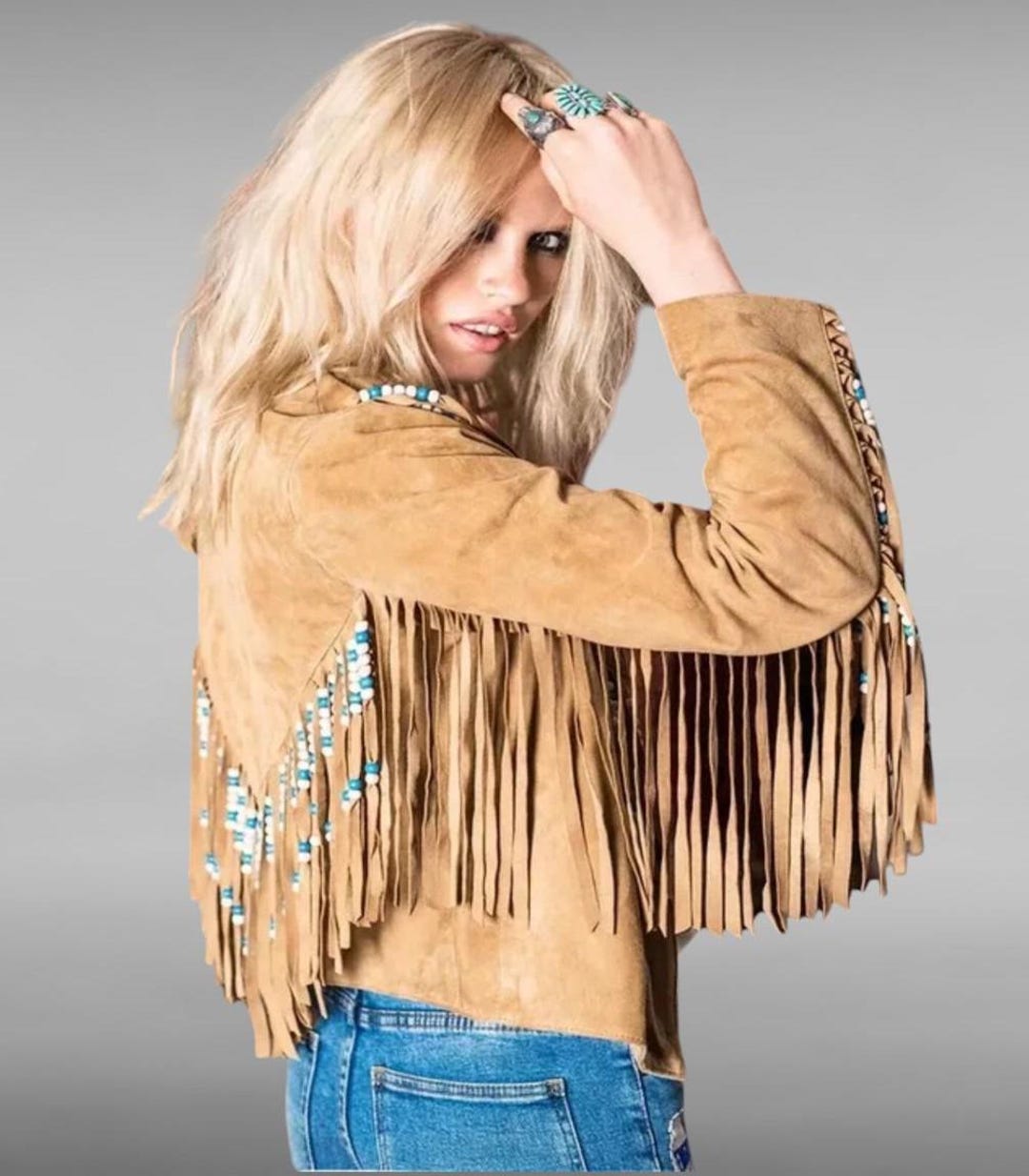 Women Western Wear Suede Leather Long Fringe Vintage Beaded Coat Jacket ...