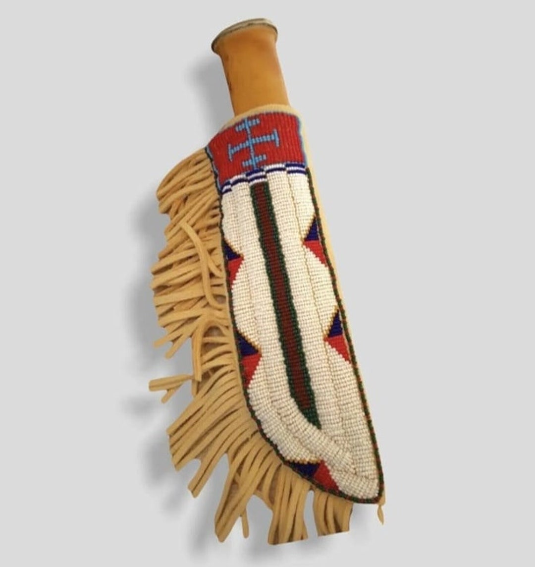 Native Sioux Style Indian Beaded Knife Cover Suede Leather Knife Sheath ...