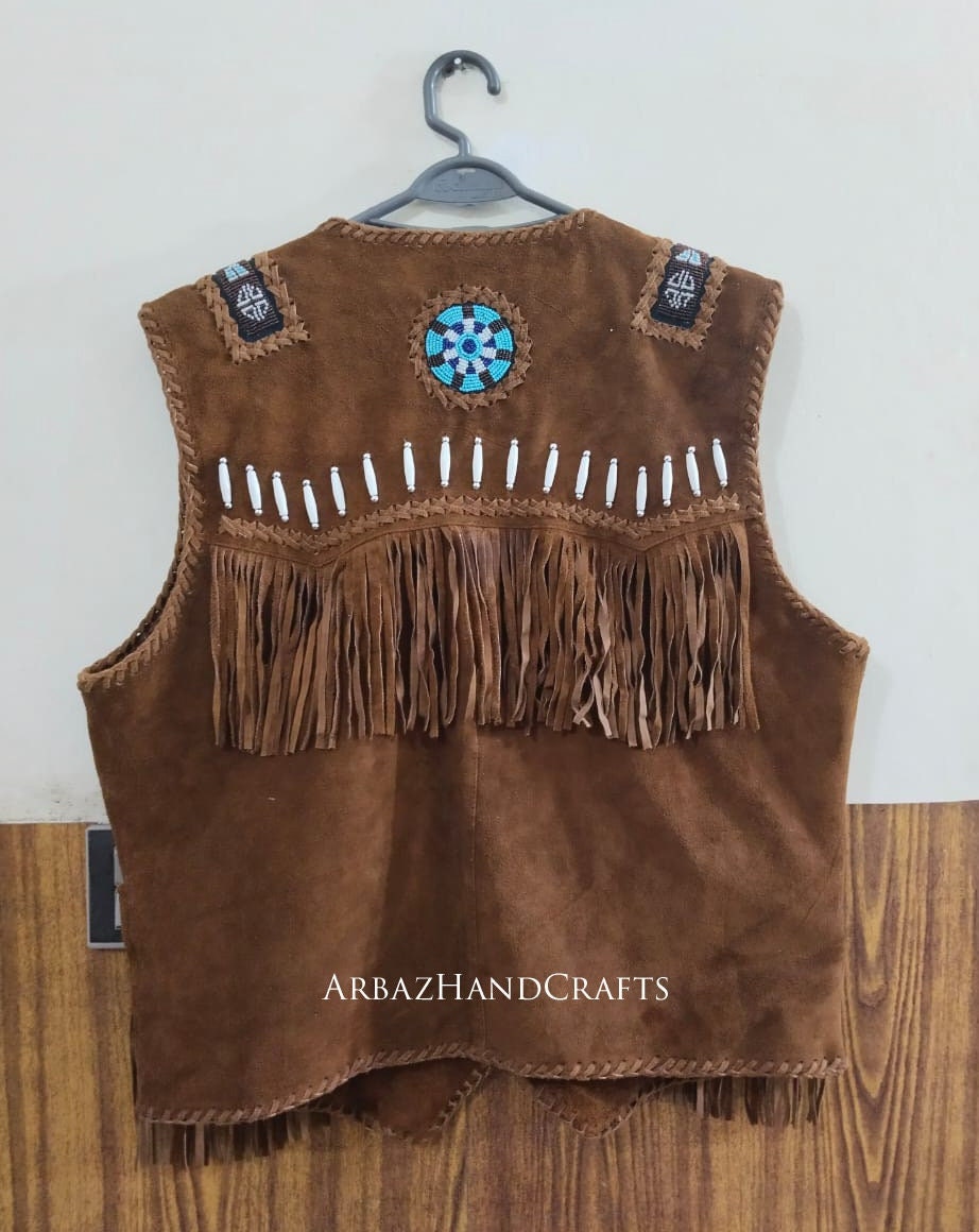 Men Western Cowboy Style Beaded Suede Leather Vest With Fringes, Mens ...