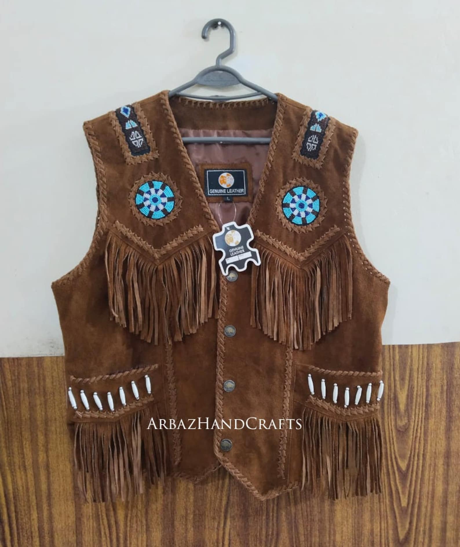 Men Western Cowboy Style Beaded Suede Leather Vest With Fringes, Mens ...