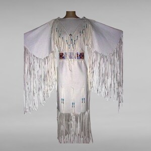 Womens White Colour Handmade Long Wedding Dress Powwow Regalia Leather ...