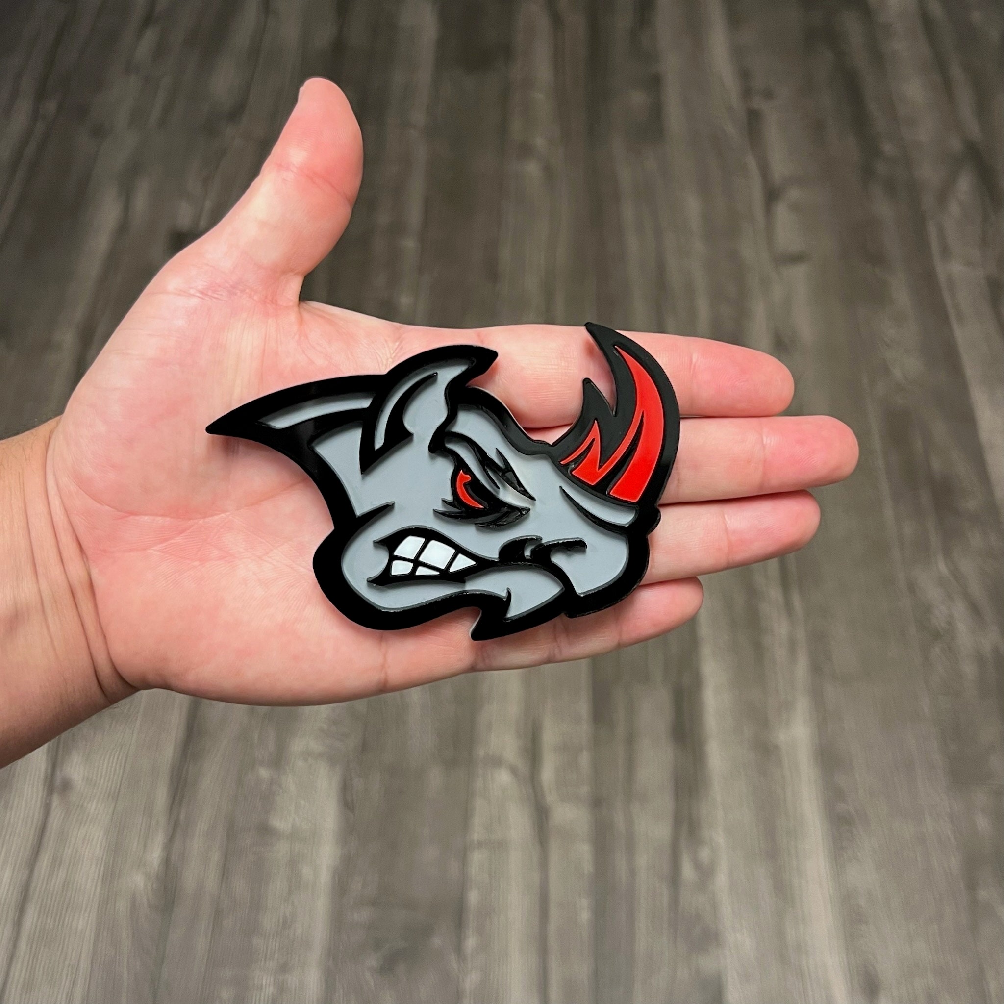 Car Fender Emblems/badges Black ANGRY RHINO grey Backing W/red Eyes ...