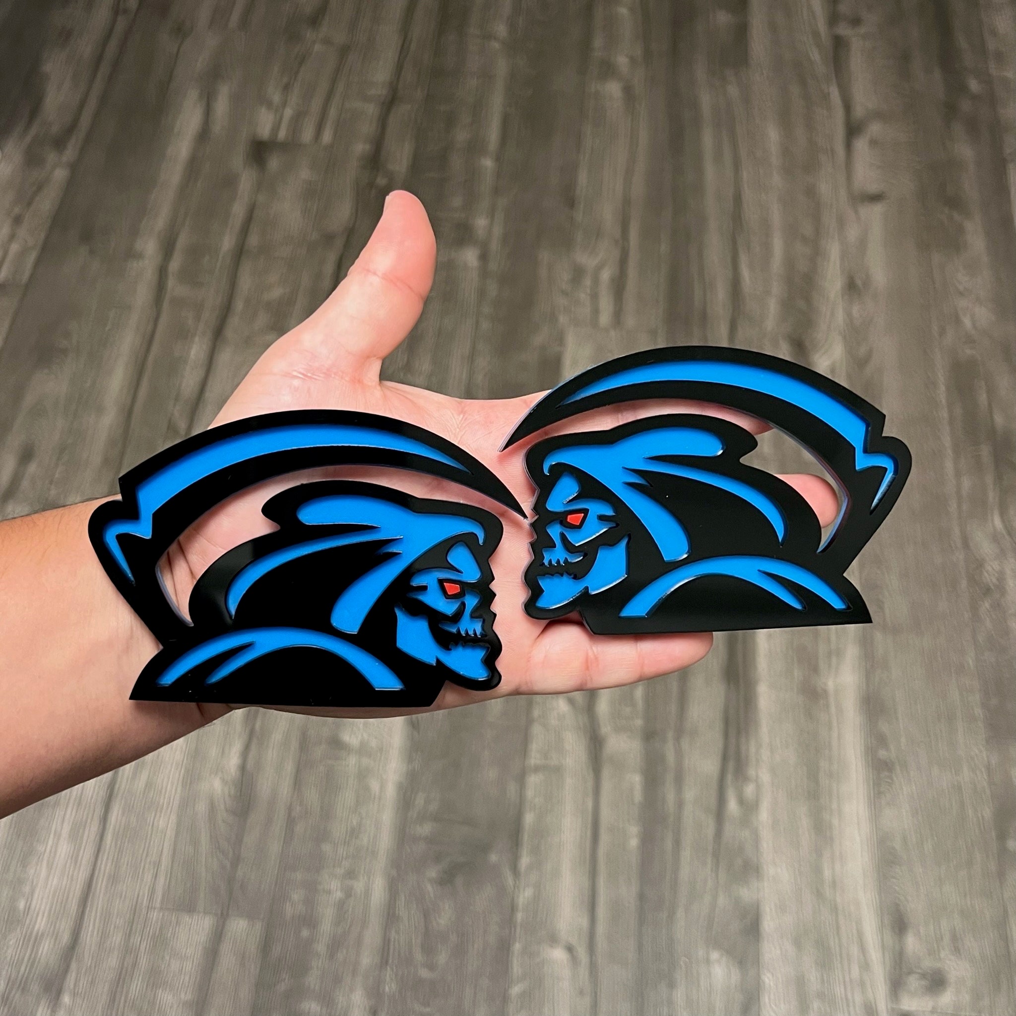Car Fender Emblems/badges Black REAPER blue Backing W/red Eyes - Etsy