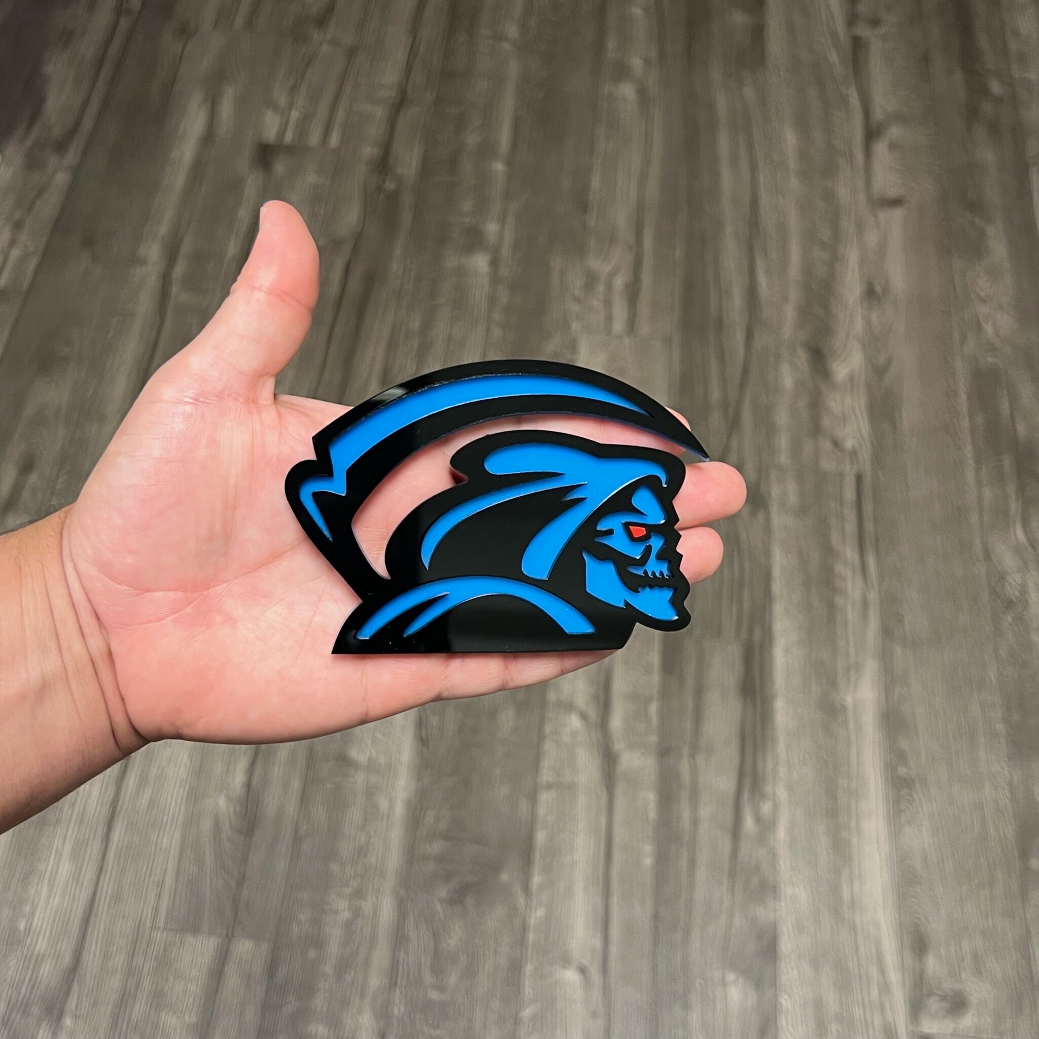Car Fender Emblems/badges Black REAPER blue Backing W/red Eyes - Etsy