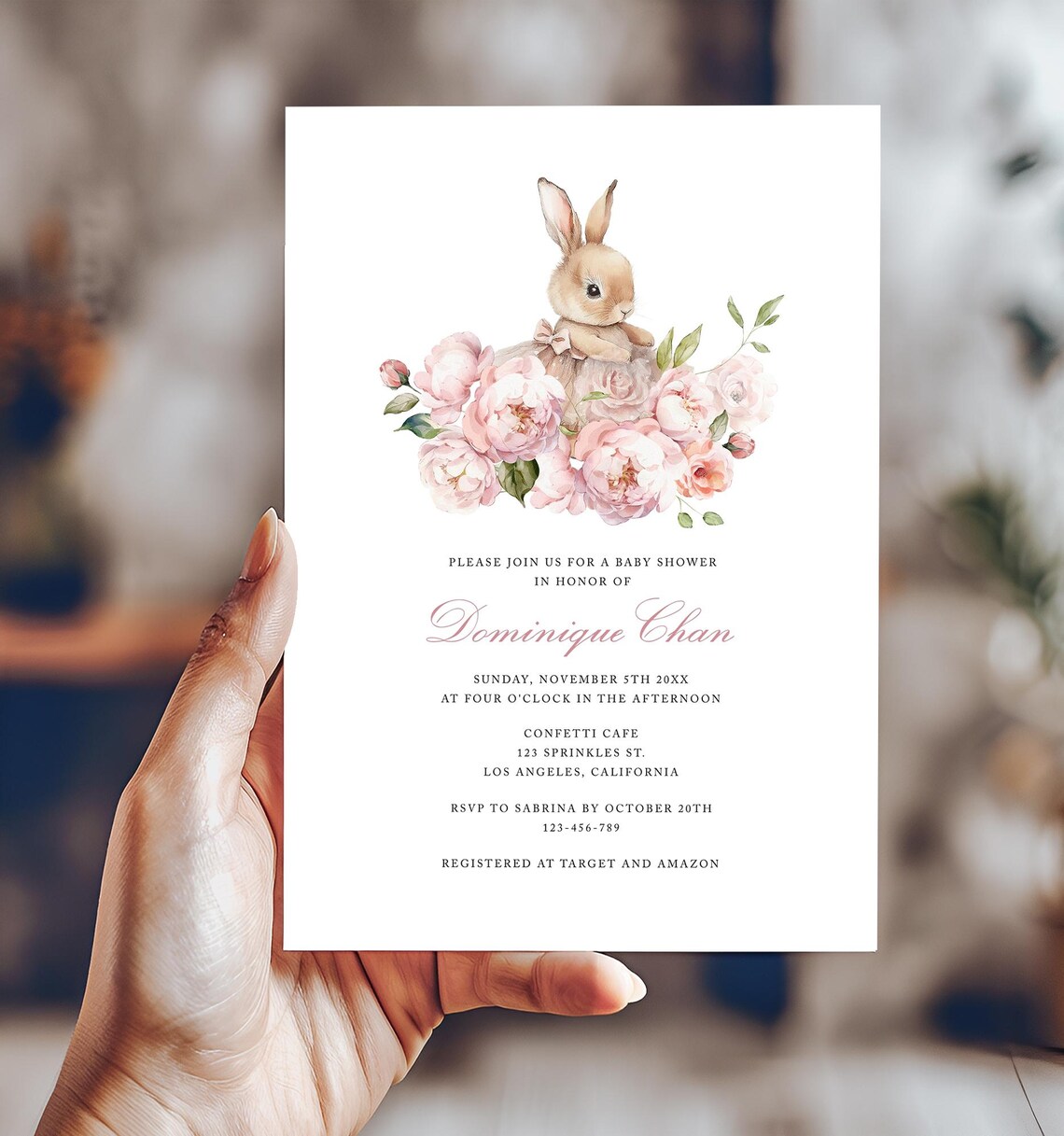 Pink Floral Bunny Baby Shower Invitation Template, Rabbit Invitation ...