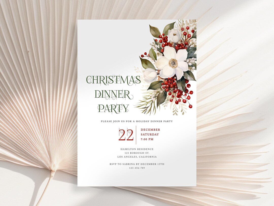 Christmas Dinner Party Invitation Template, December Dinner Invitation ...