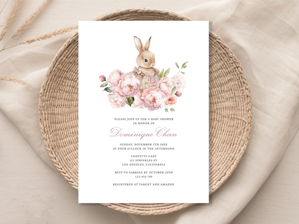 Pink Floral Bunny Baby Shower Invitation Template, Rabbit Invitation ...