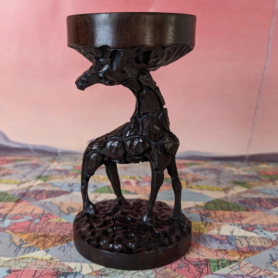 African Wooden Giraffe With Mini Bowl Hand Carved Malawi Mbawa Craft - Etsy