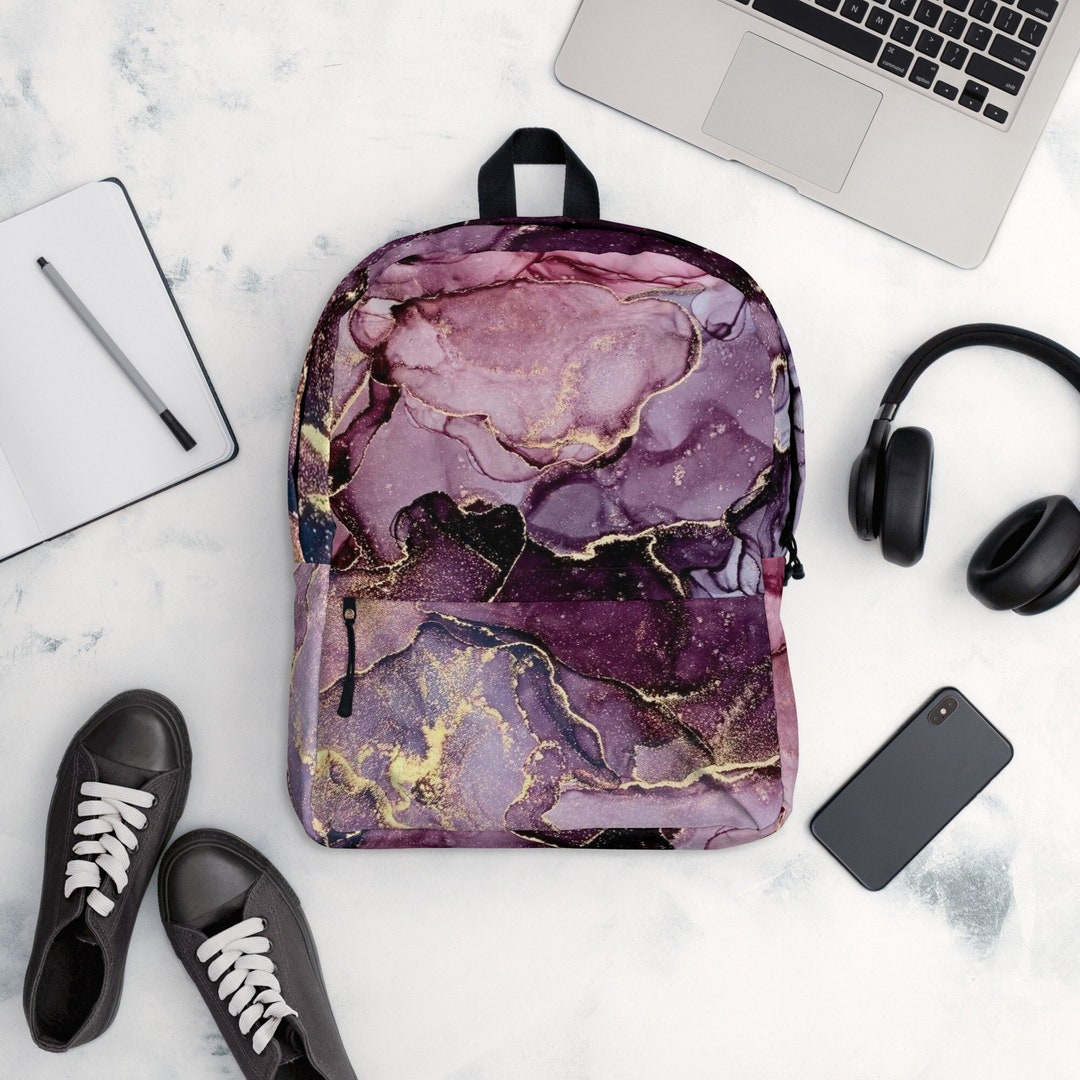 Stylish Purple & Gold Marble Backpack Trendy and Functional Design for ...