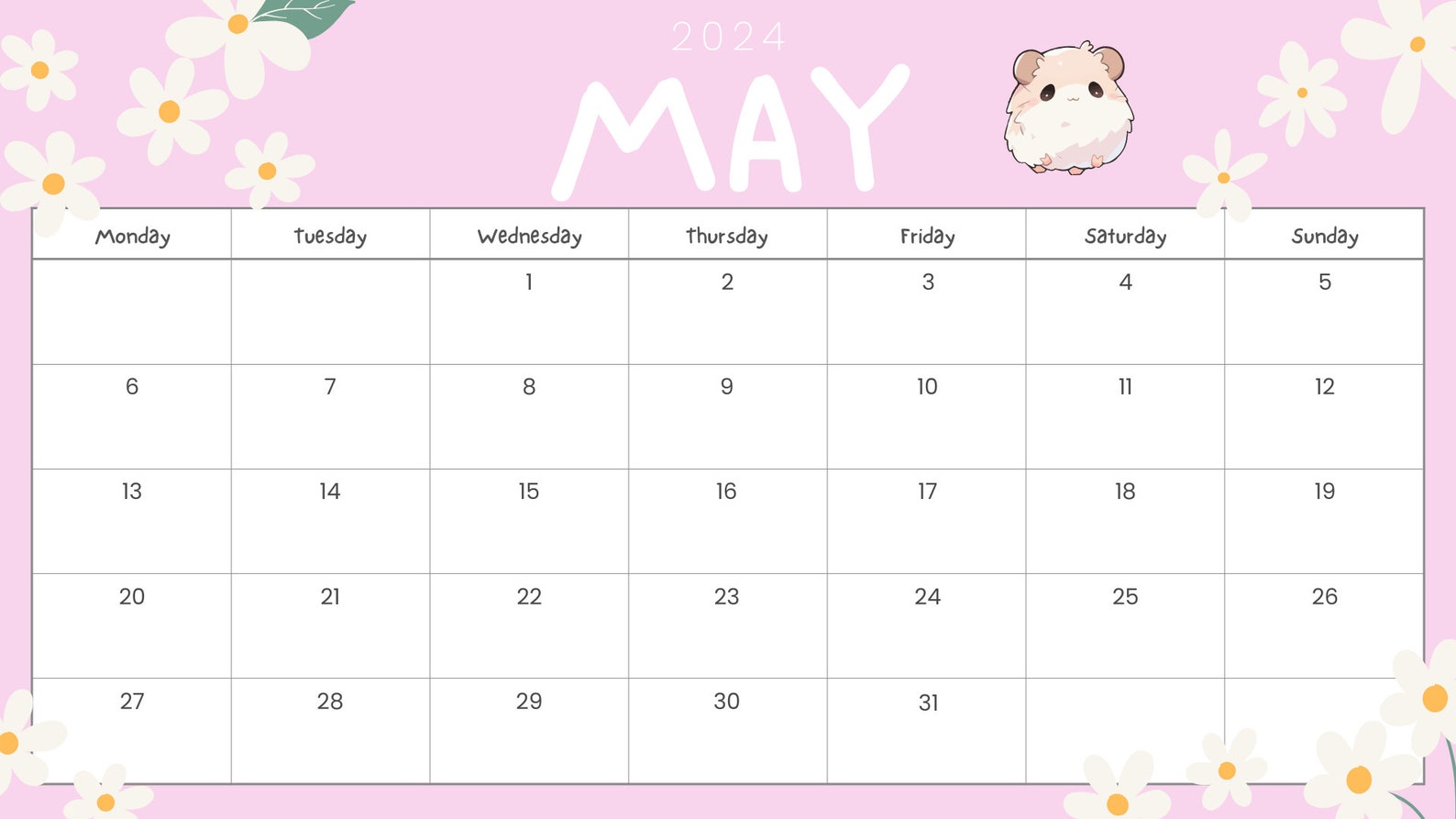 Cute Printable Calendar 2024, Monthly Planner 2024, Daily 2024 Digital ...
