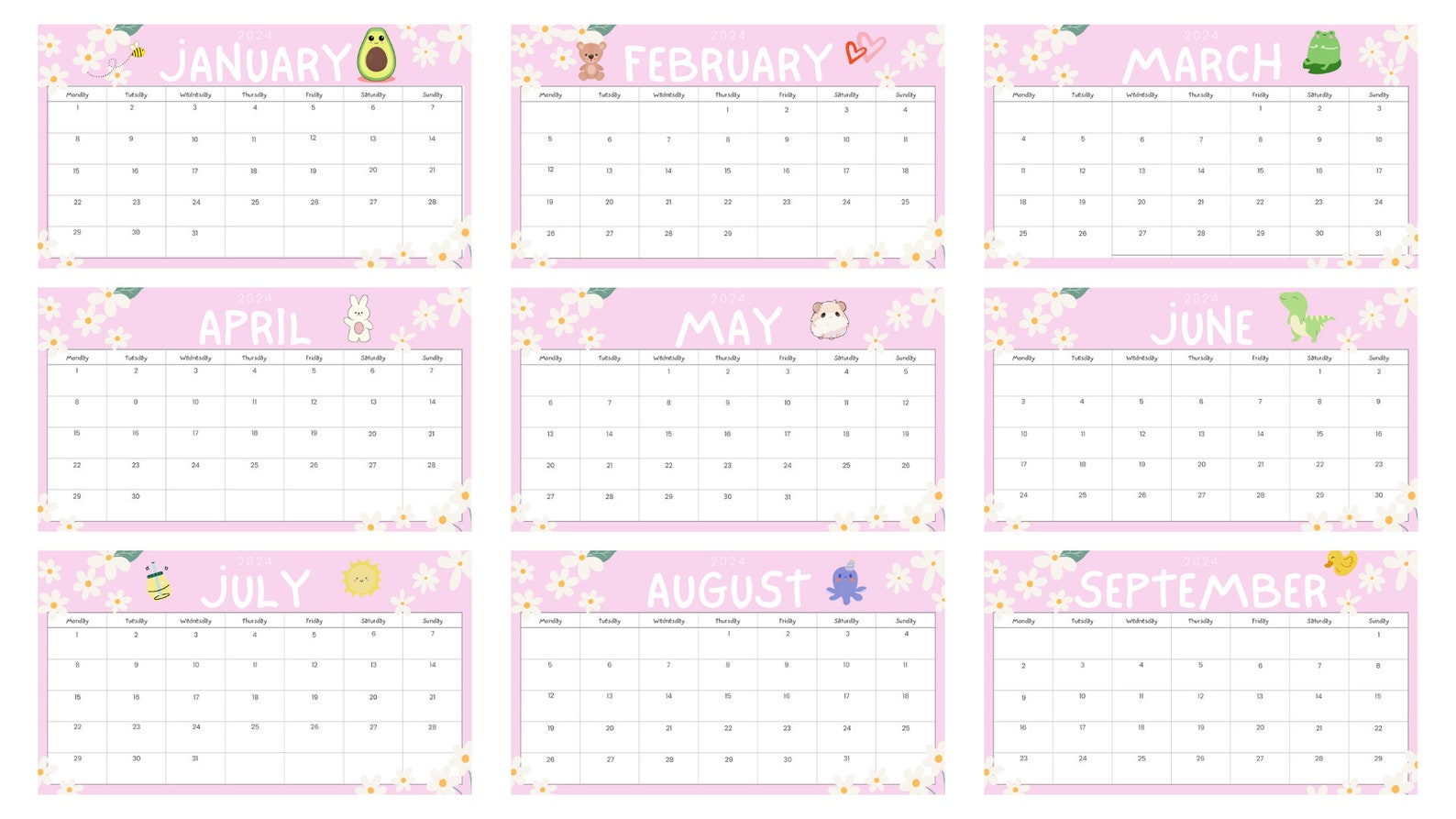 Cute Printable Calendar 2024, Monthly Planner 2024, Daily 2024 Digital ...