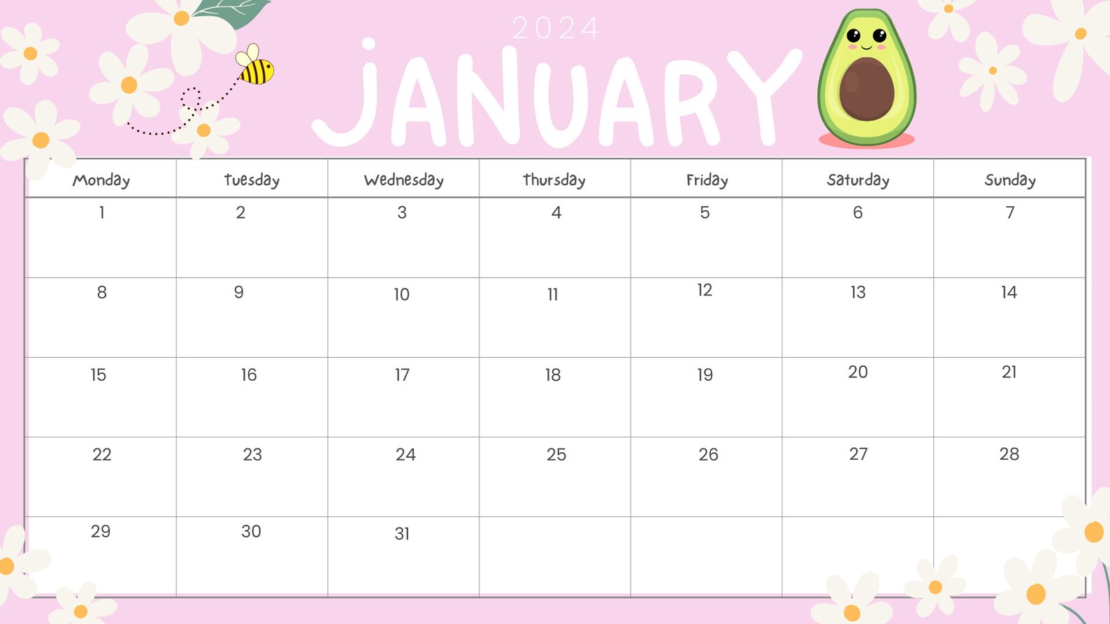 Cute Printable Calendar 2024, Monthly Planner 2024, Daily 2024 Digital ...